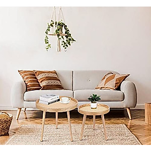 Round Coffee Table Set of 2, Natural Boho Coffee Table, Small Mid Century Modern Rattan Coffee Table, Boho Side Table End Tables for Living Room Bedroom Office Balcony