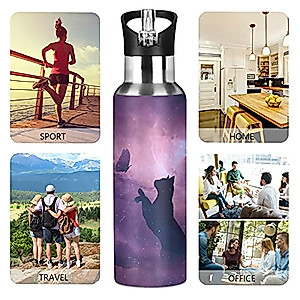 Yasala Water Bottle Galaxy Cat Butterfly Coffee Thermos Stainless Steel Insulated Beverage Container 20 oz with Straw Lid BPA-Free for Sport, Travel, Camping, Back to School