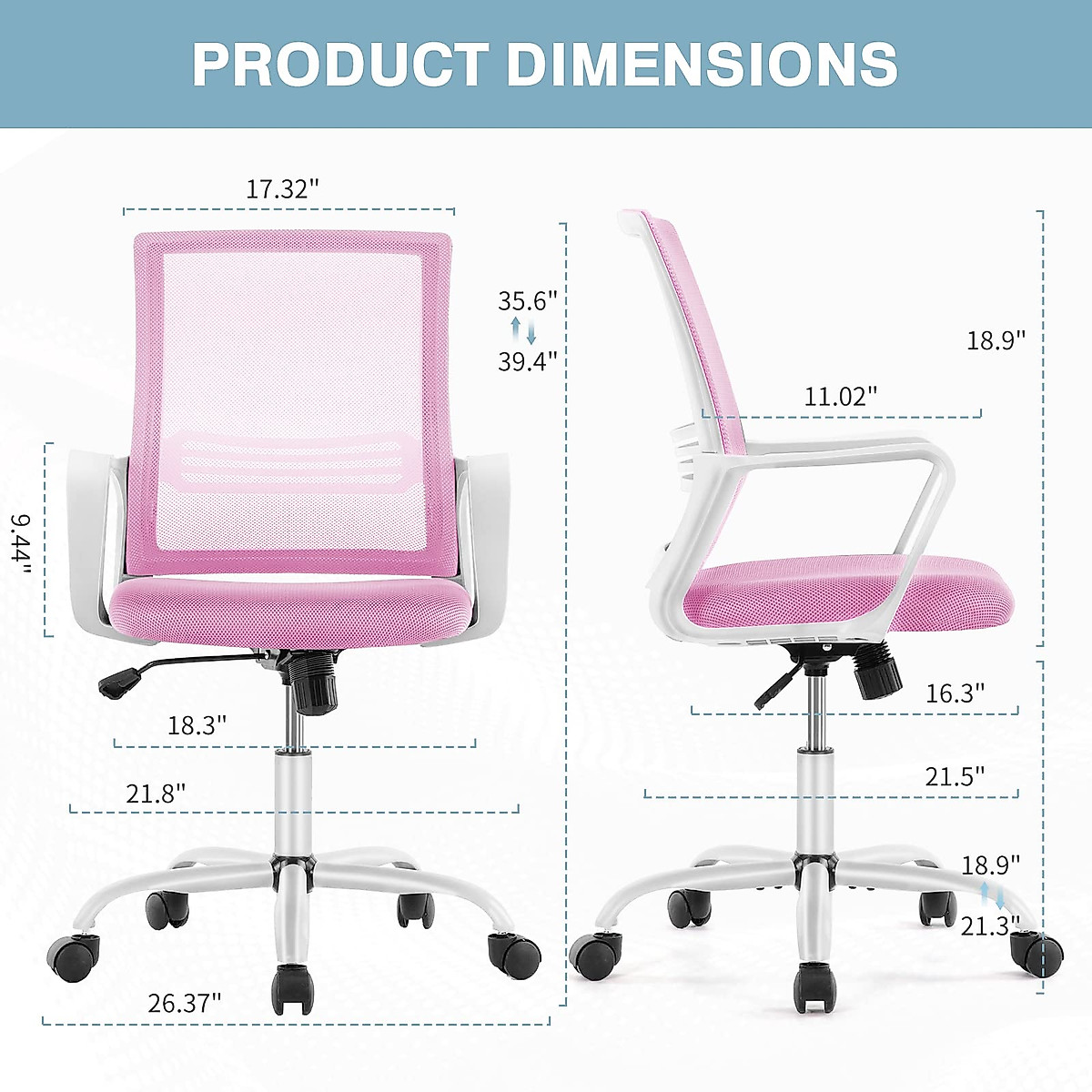 AFO Ergonomic Office Chair Adjustable with Comfortable Lumbar Support, Armrest and Padded Seat, 360 Degree Swivel, Mid Back Breathable Mesh, Rocking Mode, for Conference Room, Executive, Study, Pink
