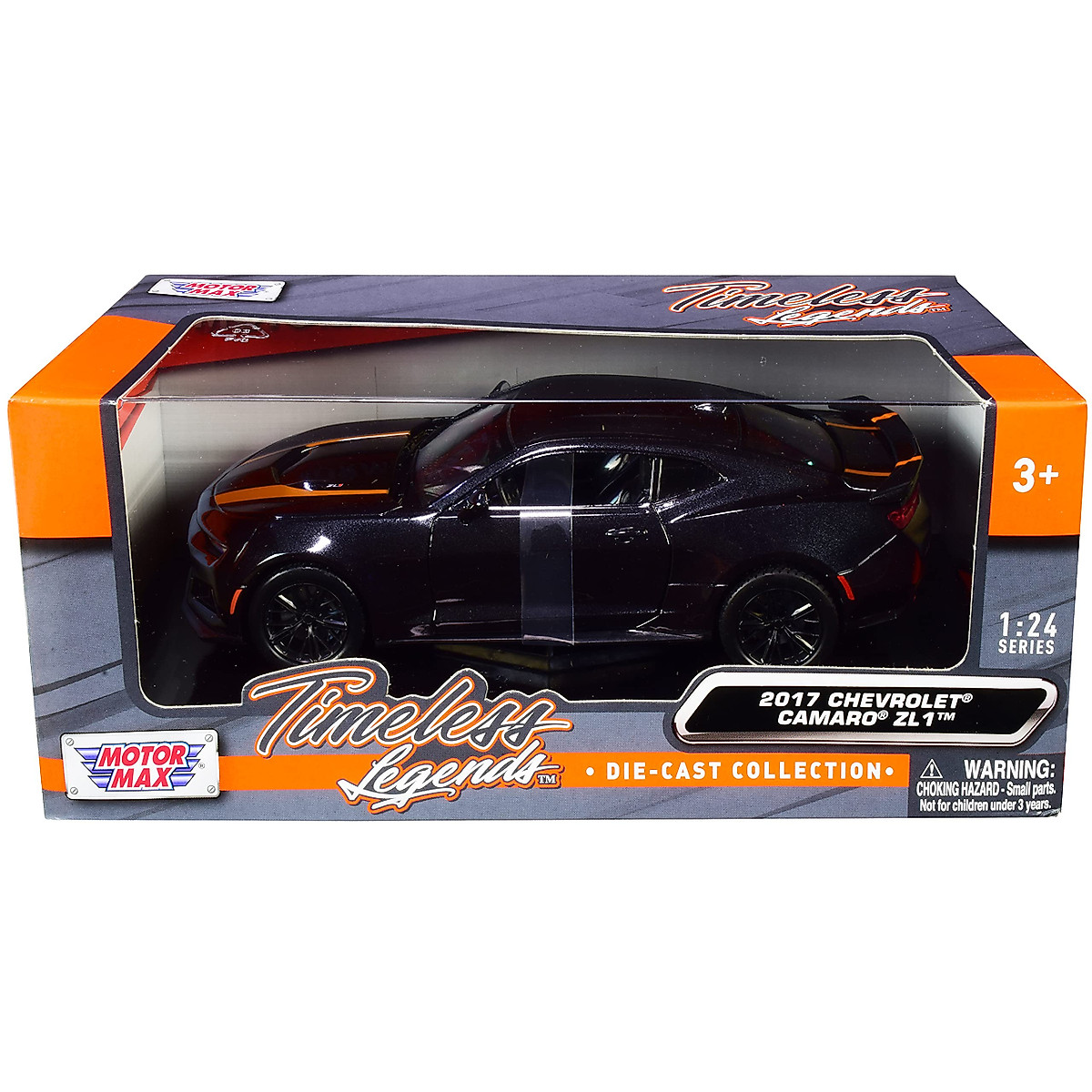 Motormax Toy 2017 Chevy Camaro ZL1 Black Metallic with Orange Stripes 1/24 Diecast Model Car by Motormax 79351 79351BK-OR