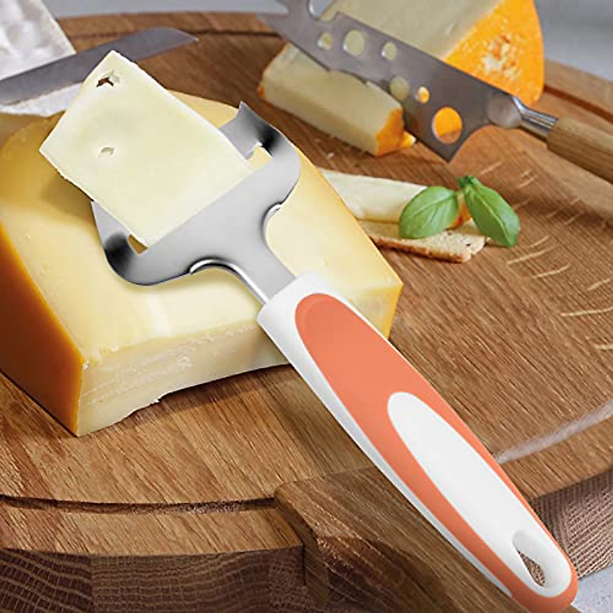 KUFUNG Cheese Slicer Stainless Steel Cheese Knife Heavy Duty Plane Cheese Cutter, Shaver, Server For Semi-Soft, Semi-Hard Cheese (7.2 inch, Orange)