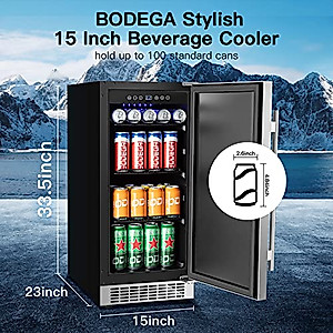 BODEGA Beverage Cooler 15 Inch, Built-in and Freestanding Beverage Refrigerator 100 Cans, Stainless Steel Under Counter Beverage Fridge Perfect for Soda, Water, Beer