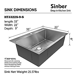 Sinber 33" x 22" x 9" Drop In Single Bowl Kitchen Sink with 18 Gauge 304 Stainless Steel Satin Finish HT3322S-S-9 (Sink Only)