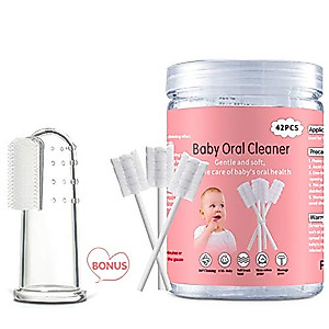 Baby Tongue Cleaner, Baby Toothbrush, 42Pcs Disposable Infant Toothbrush Clean Baby Mouth,Gauze Gum Cleaner Toothbrush Baby Oral Cleaning Stick Dental Care for 0-36 Month Baby+Free 1 Finger Toothbrush