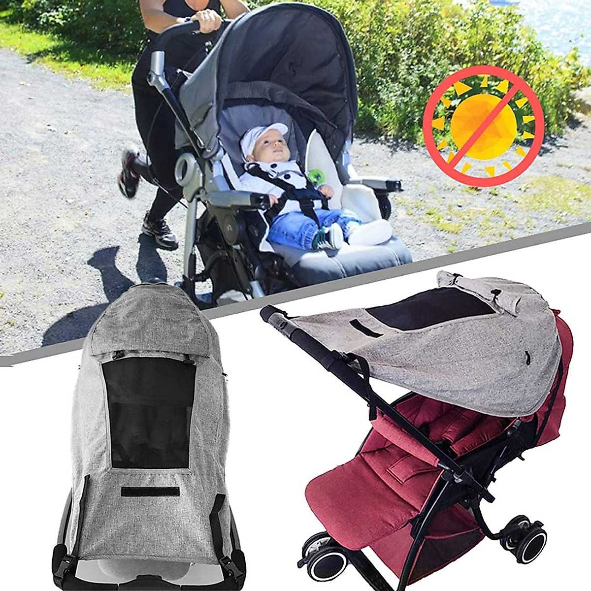 LXLUOO Baby Stroller Sun Cover,Baby Carriage Awning, Pram Sunshade, with Viewing Window for Strollers Pushchairs UV Protection Water Resistant Easy to Install (Gray)