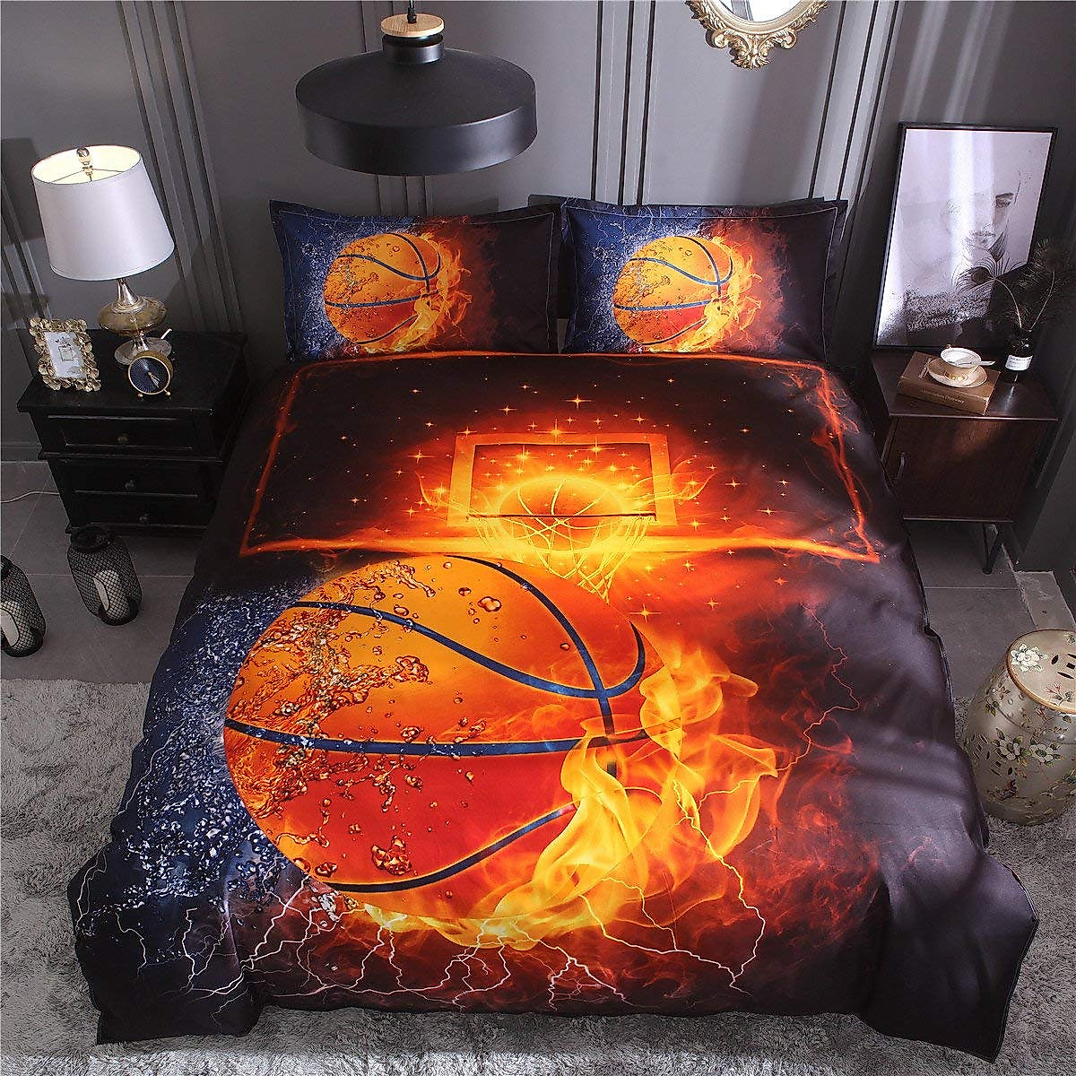 Tenghe 3D Basketball Duvet Cover Sets Fire Water Print for Teen Boys Kids Sports Bedding Sets Bed Cover 1 Duvet Cover + 1 Pillowcases(Basketball,Twin)