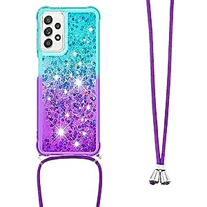 HOUSON for Samsung Galaxy A32 5G Case, Moving Liquid Holographic Sparkle Glitter Case with Crossbody Lanyard Strap, Girls Women Bling Diamond Ring Slim Protective Case for Galaxy A32 5G Purple