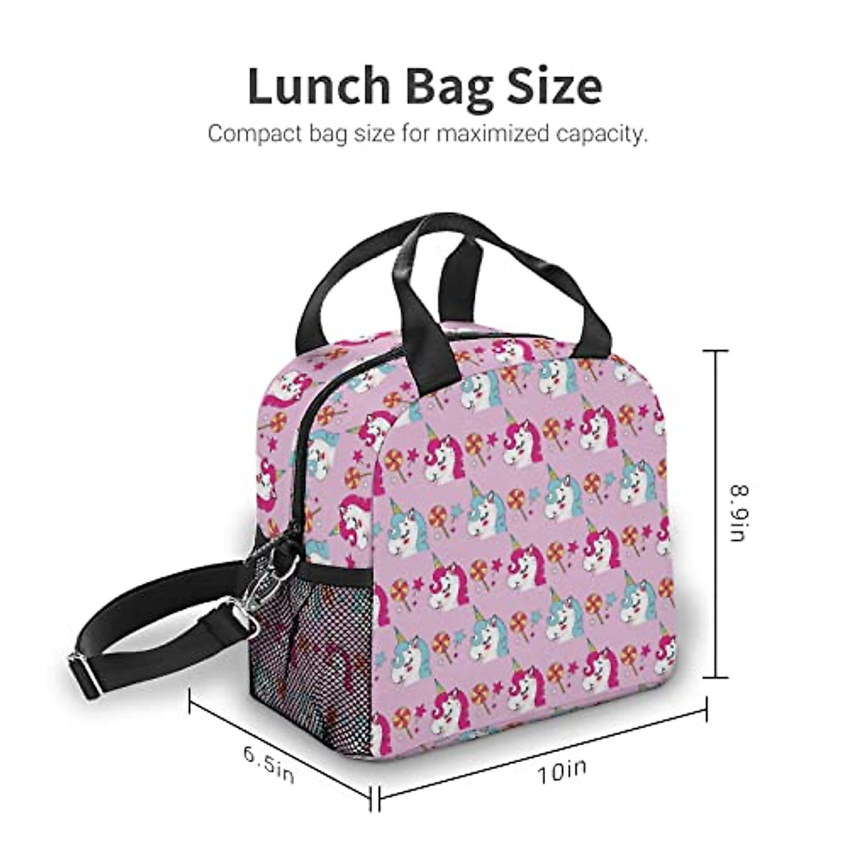 Insulated Lunch Bag for Boys Girls, Leakproof Reusable Kids Lunch Box Container with Detachable Buckled Handle, Portable Cooler Lunch Tote with Side Pocket for Work School Outdoor Adult (Pink Unicorn)