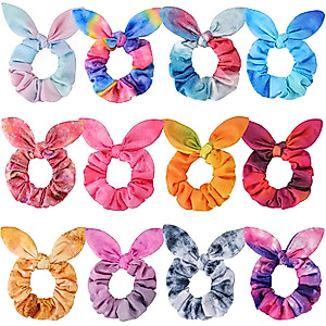 Bow Scrunchies for Hair, Funtopia 12 Pcs Cute Rabbit Bunny Ear Scrunchies, Fashion Colorful Tie Dye Scrunchy Hair Ties Bowknot Ponytail Holders for Women Girls Kids