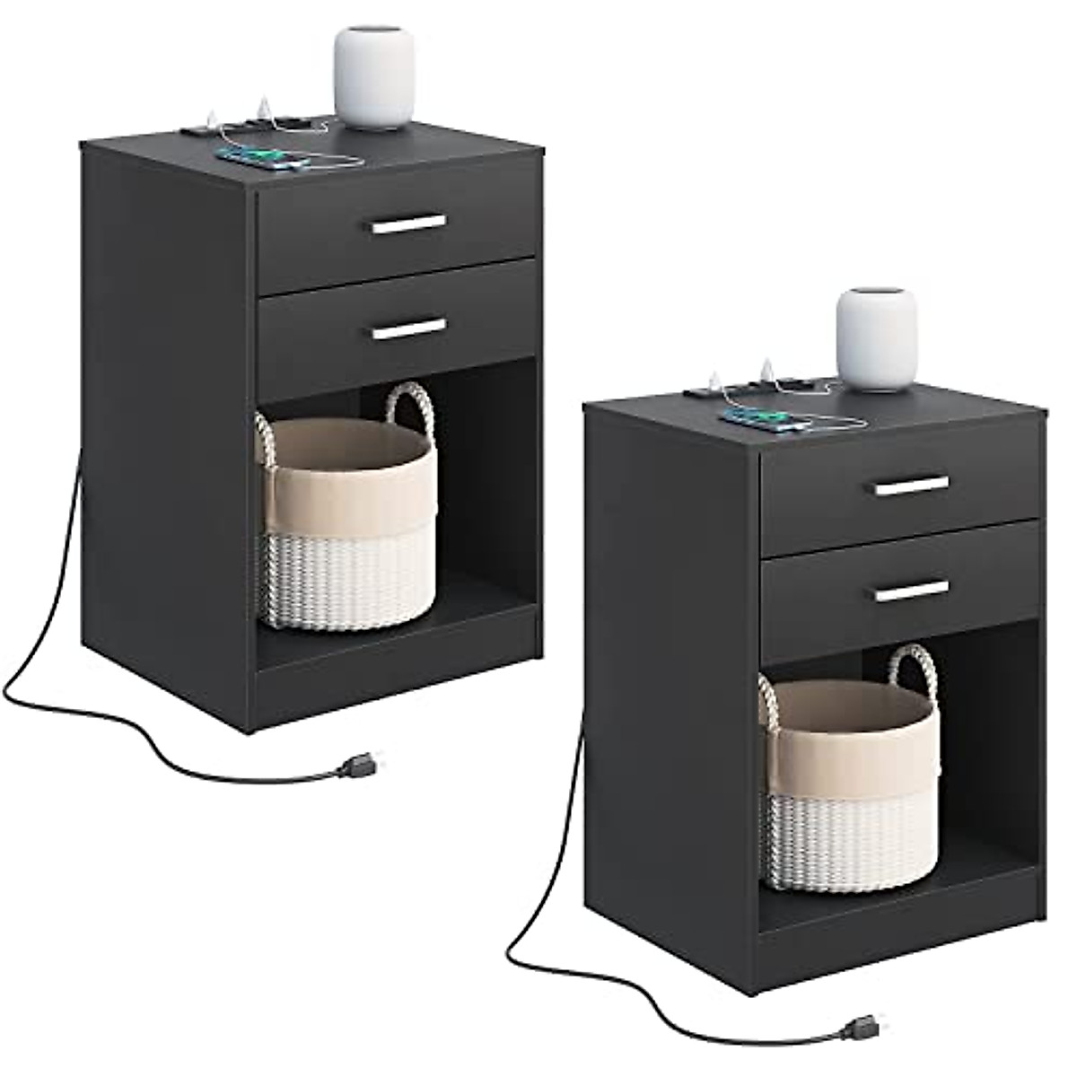 Tiptiper Nightstand Set of 2 with Charging Station,Black Night Stands for Bedroom,End Table Side Cabinet
