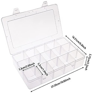 BAKHUK 4 Pack x 15 Grids Storage Container Plastic Washi Tape Organizer, 15 Compartments Clear Craft Box with Adjustable Divider Removable for Sewing, Tackle, Thread, Art DIY, Beads,10.8x6.5x2.2in