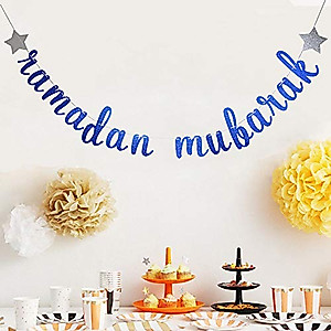 Blue Ramadan Kareem Banner with Silver Stars Hanging Banners Eid Festival Party Decoration