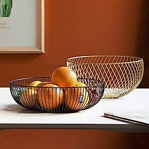 Cq acrylic Metal Wire Fruit Basket,Large Round Storage Baskets for Bread,Metal Wire Bread Fruit Bowl Vegetable Stand Holder for Snacks,Modern Fruit Bowl Decorate Kitchen Counter,Black