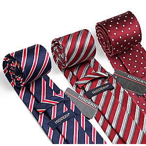 HISDERN Mens Ties Extra Long Ties for Men Big and Tall Red Striped Necktie and Pocket Square Set 63 Inch XL Silk Neckties Collection Handkerchief