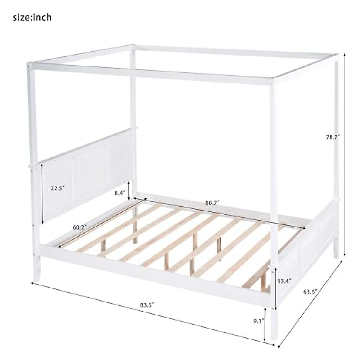 AMFSQJ Queen Size Canopy Bed Frame with Headboard and Footboard, White Canopy Platform Bed with Slat Support Leg