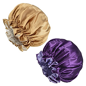 COOLCHI 2 Pieces Satin Bonnet Cap Elastic Double-Layer Silk Sleeping Head Cover for Women Adjustable Lined Hair Wrap for Long Curly Hair (Khaki+Purple)