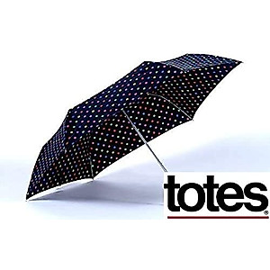 Totes Micro Mini Manual Compact Umbrella, NeverWet technology, Colorful dots on black, 38" arc Coverage