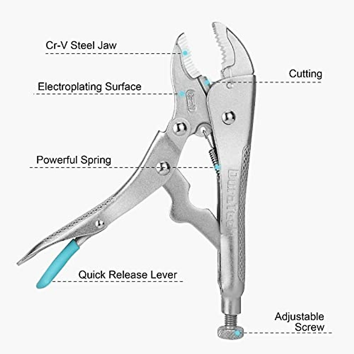 DURATECH 6-Piece CR-V Locking Pliers Set, 6-1/2”, 9-1/2” Long Nose Locking Pliers, 5”, 7” and 10” Curved Jaw Locking Pliers, 6” C-clamp Locking Pliers, Fast Release with Oxford Rolling Pouch