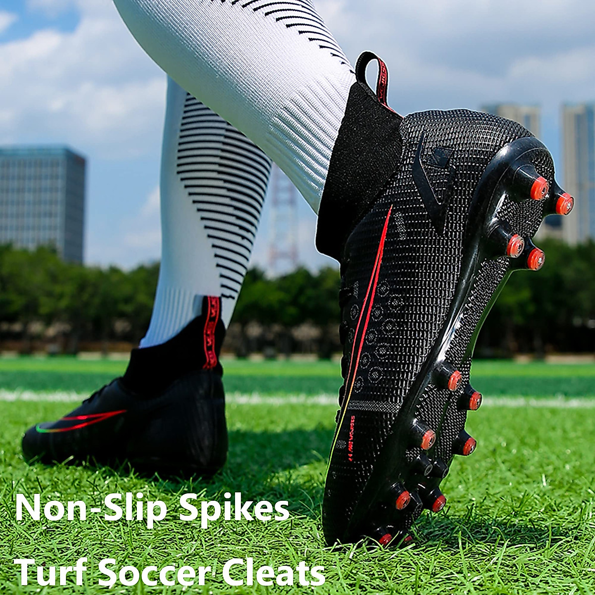 HHY Men's Soccer Cleats Football Shoes High-Tops Non-Slip Spikes Breathable Firm Ground Turf Running Workout Boots Black EU 41