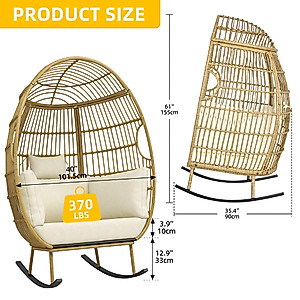 DWVO Outdoor Rocking Egg Chair, Patio Rocking Chair Oversized, 370lb Capacity, Anti-Slip, All-Weather Wicker Egg Lounger Chair for Indoor, Outside (Beige)