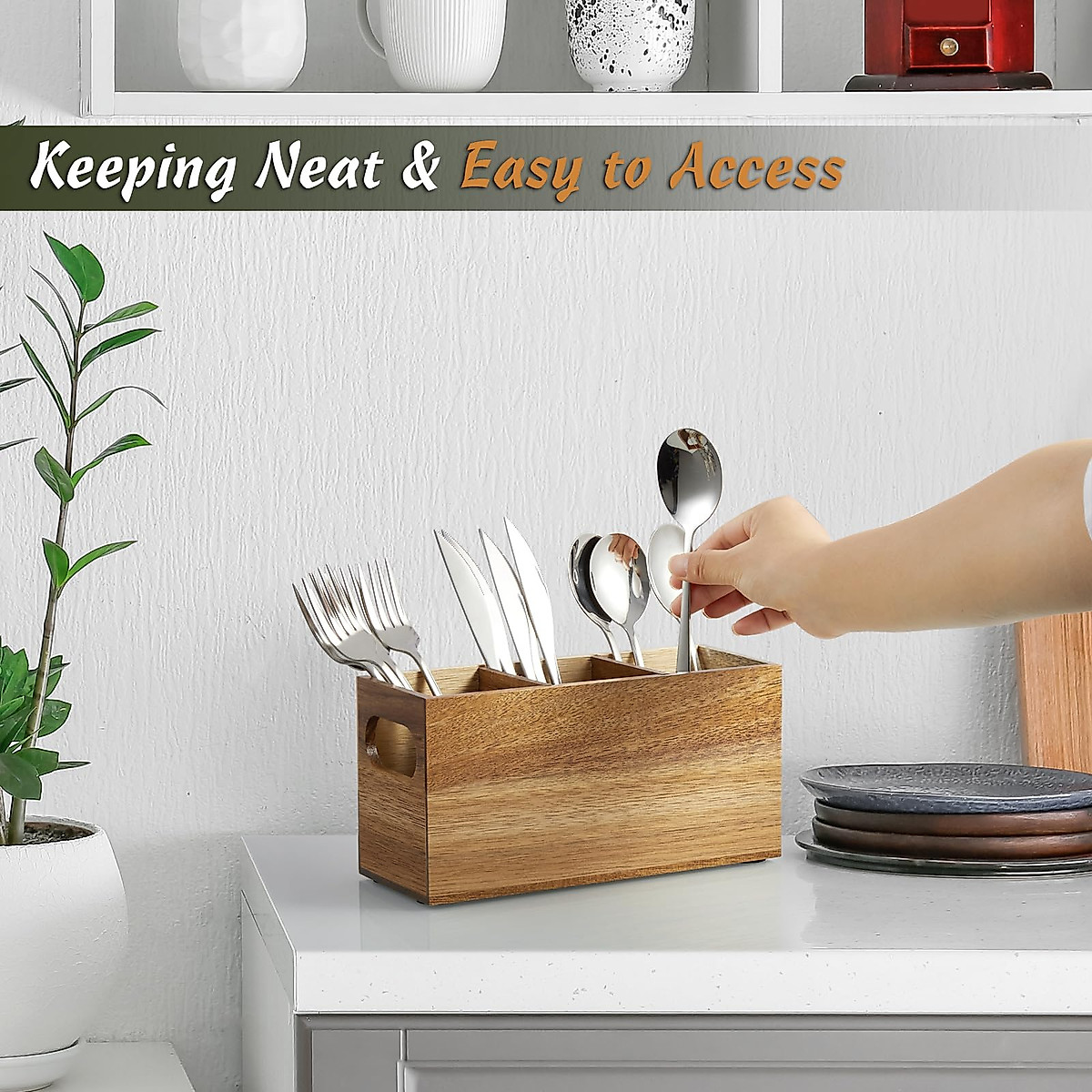 DRASTAR Silverware Holder, Acacia Wooden Utensil Caddy, Silverware Organizer Countertop, Cutlery Holder for Party, Fork Spoon Knife Organizer