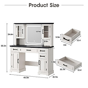 Maupvit Farmhouse Vanity Desk with Mirror and Lights, Makeup Vanity Table with Charging Station, 45" Bedroom Table with 4 Drawers and Cabinets, 3 Lighting Modes, White