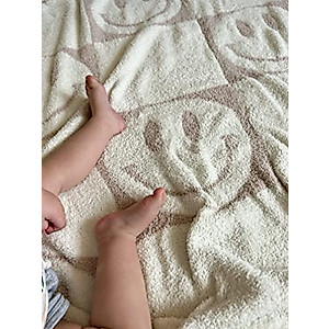Checkered Blanket, Smiley Face Throw, Soft Cozy Microfiber Plush Blanket, Checkerboard Pattern, Reversible, Stretchy Throw Blanket 51" X 63" (White and Beige)