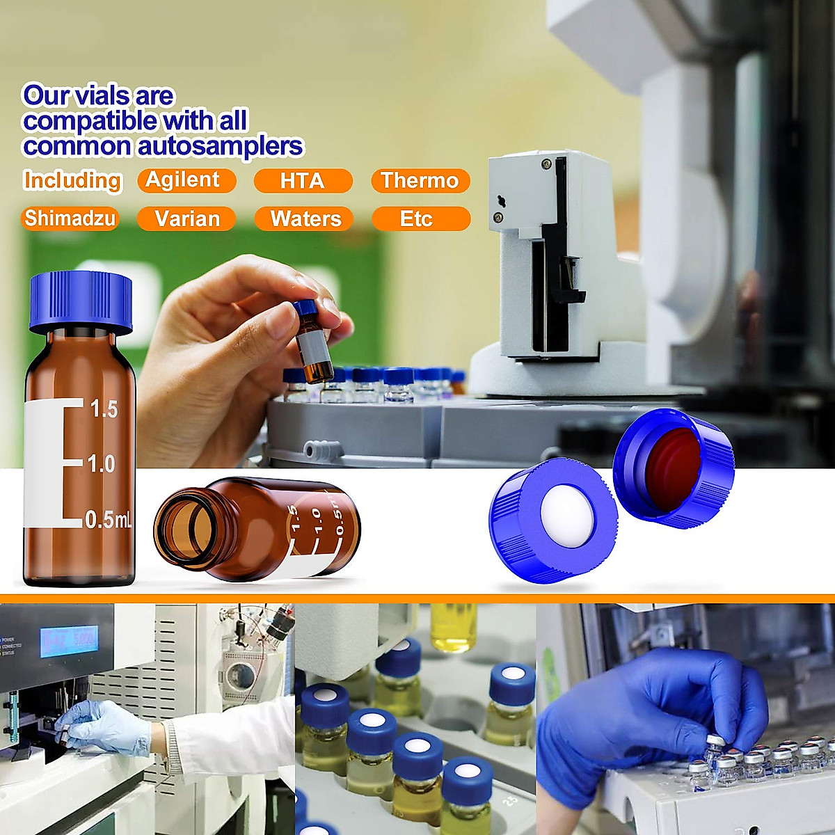 Autosampler Vials Cap,9mm Blue Polypropylene Screw-Thread Caps with PTFE Red/Silicone White Septa by Biomed Scientific