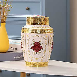 Urn for Human Ashes Adult Female - Rose Flower Cremation Urn Mom - Funeral Urn for Women Made of Zinc Alloy - Hold 200 Cubic inches of Ashes (Gold_Red)