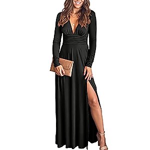 ANRABESS Women's Long Sleeve Sexy Deep V Neck High Waist Slit Cocktail Party Evening Maxi Dress Semi Formal Wedding Guest Prom Dresses 2023 Elegant Graduation Dress 586-hei-XL
