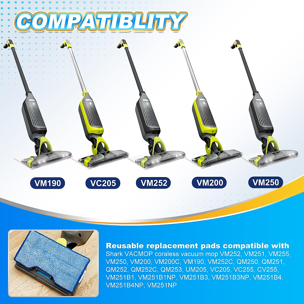 KEEPOW Reusable Vacmop Replacement Pads Compatible with Shark Vac Mop VM252 VM200 VC205 VM250 VM190 VM200P12, Vacuum Mop Pads Refills for Hardwood Floor with Upgraded Dirt Chamber, Blue, 2+1+1 Pack