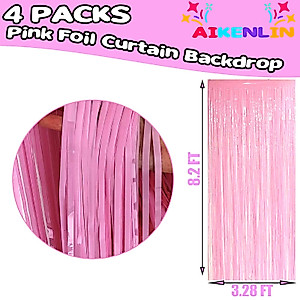 4 Pack 3.2Ft x 8.2Ft Pink Foil Fringe Curtain Backdrop, Metallic Tinsel Foil Fringe Streamers Curtains Background for Photo Booth, Birthday, Wedding, Halloween, Christmas Party Decoration