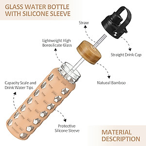 MUKOKO 32oz Glass Water Bottles with 2 Lids-Handle Spout Lid&Bamboo Straw Lid, Motivational Water Tumbler with Time Marker Reminder and Silicone Sleeve, Leakproof-Amber-1 Pack