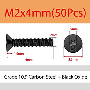 ORANXIN M2 x 4mm 50 Pcs Countersunk Bolts Grade 10.9 Carbon Steel Hex Socket Cap Screw Flat Head Allen Bolts Machine Screws Fasteners