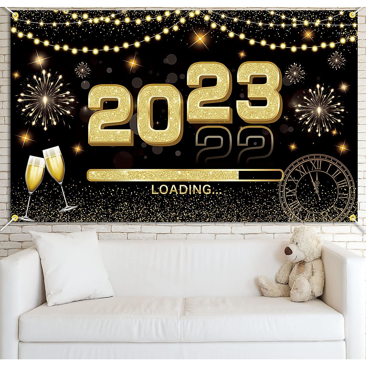 JKQ 2023 Happy New Year Backdrop Banner 71 x 43 Inch Large Size New Year Background Banner 2023 Loading New Year Holiday Party Decorations Black Gold 2023 New Years Eve Party Photo Booth Props