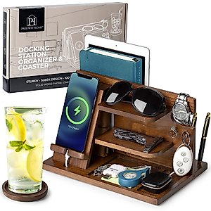 Wooden Docking Station with Laptop Compartment & Coaster! Ash Wood Tray, Bedside Caddy Nightstand Organizer, Entryway Organizer Key Tray, Desk Organizer Valet Tray for Men & Women (Brown, No Drawer)