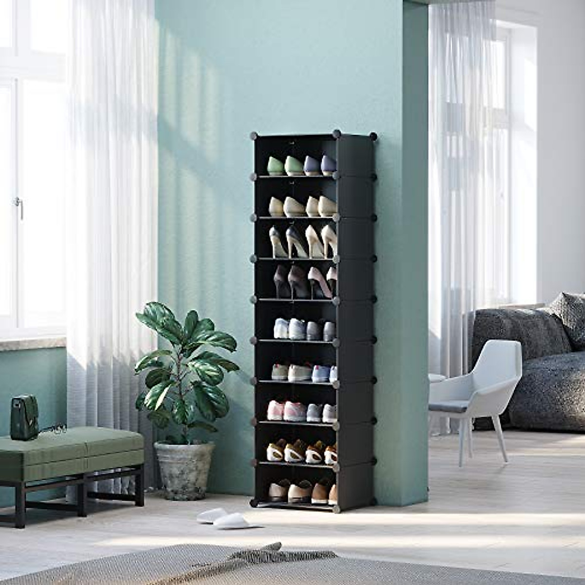 C&AHOME 9-Tier Shoe Rack, 18 Pairs Plastic Shoe Shelves, Modular Shoe Storage Organizer Units, Space Saving Closet Cabinet Ideal for Bedroom Living Room Entryway Hallway, 16.2"L × 12.2"W × 62"H Black