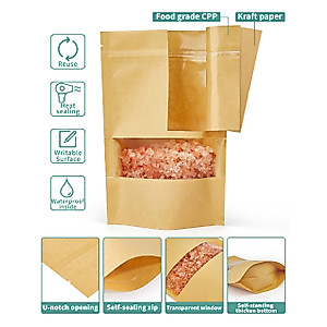 FireKylin 100 Pcs Kraft Paper Bags with Window, 4.7" x 7.9" Stand Up Pouches Bags, Zip Lock Food Storage Bags for Packaging Products, Reusable, Sealable