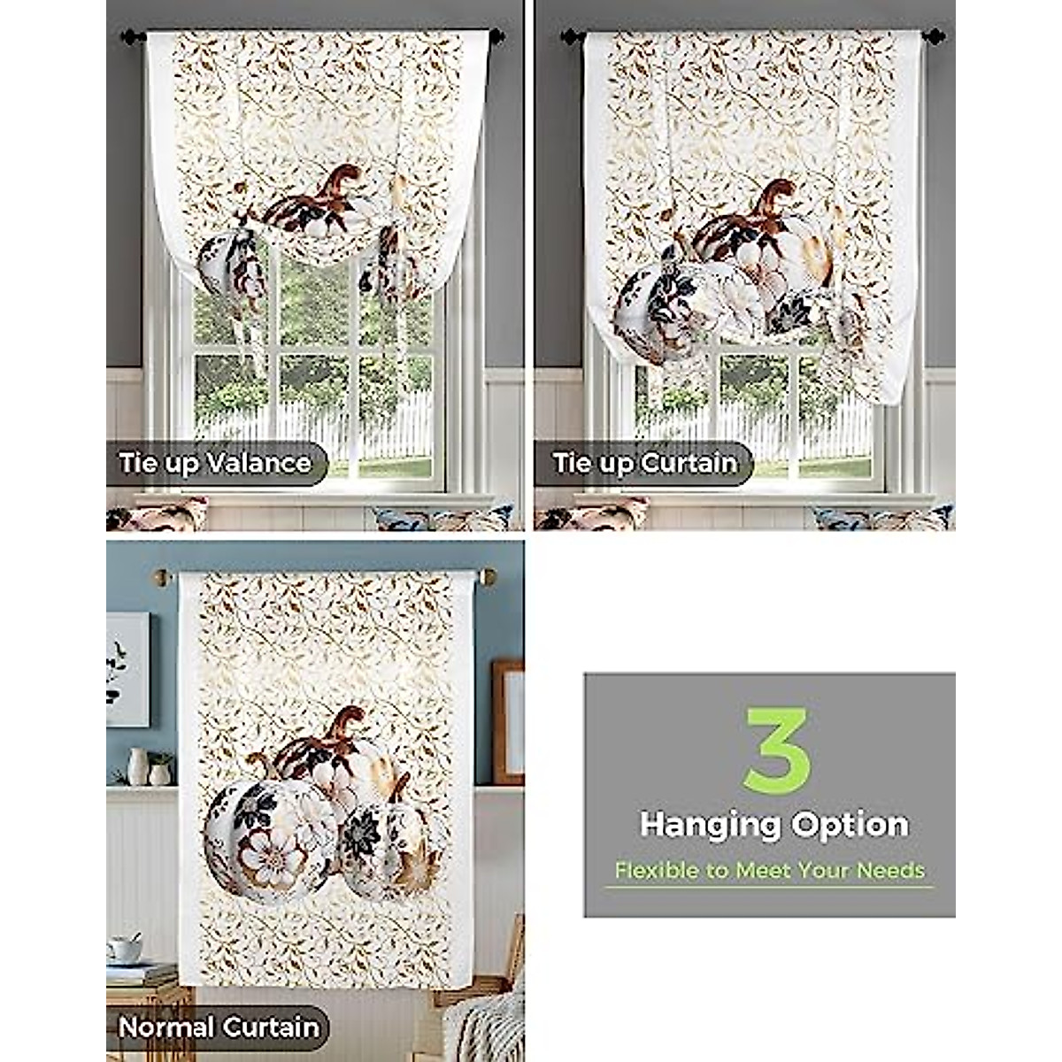 Autumn Thanksgiving Tie Up Curtains for Window, Fall Pumpkins Gold Leaves White Thermal Insulted Balloon Shade Adjustable Rod Pocket Curtains Valance Panels for Kitchen Bathroom Café 42 x 63