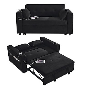 Modern 4 in 1 Convertible Sleeper Sofabed Chenille Upholstered Multifunctional Loveseat Sofa with Pull-Out Couch Bed,Armrests Storage,Cupholders,USB Ports,Adjustable Backrest,Pillows,Side Pockets