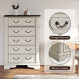 Jocisland 5 Drawer Chest Dresser for Bedroom Two-Tone Chipped White