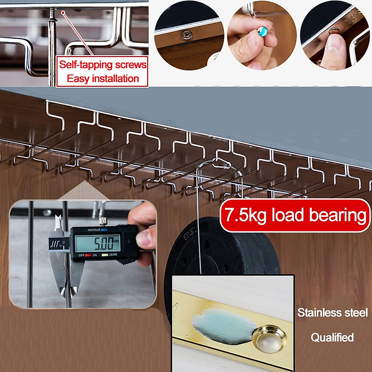 V3VOGUE Steel Under Cabinet Wine Glass Holder Rack, Stemware Holder, 3/4/5/6/7/8 Row Glasses Storage Hanger, Hanging Champagne Goblets Holders, with Screws (Row : 6Row, Size : Width: 28cm)