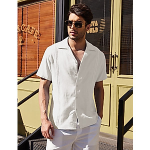 COOFANDY Mens Casual Button Down Shirts Short Sleeve Cuban Guayabera Shirt Summer Beach Top A - White