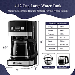 Megalesius Programmable Coffee Maker, 12 Cup Coffee Maker With Auto Shut Off, Drip Coffee Maker With 4-Hour Keep Warm, Glass Carafe, Reusable Filter, Anti-Drip System, Strong Brew, Black