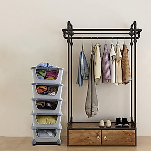 Jandson Grey Plastic Stacking Baskets, Large Stackable Storage Bins, 5 Packs