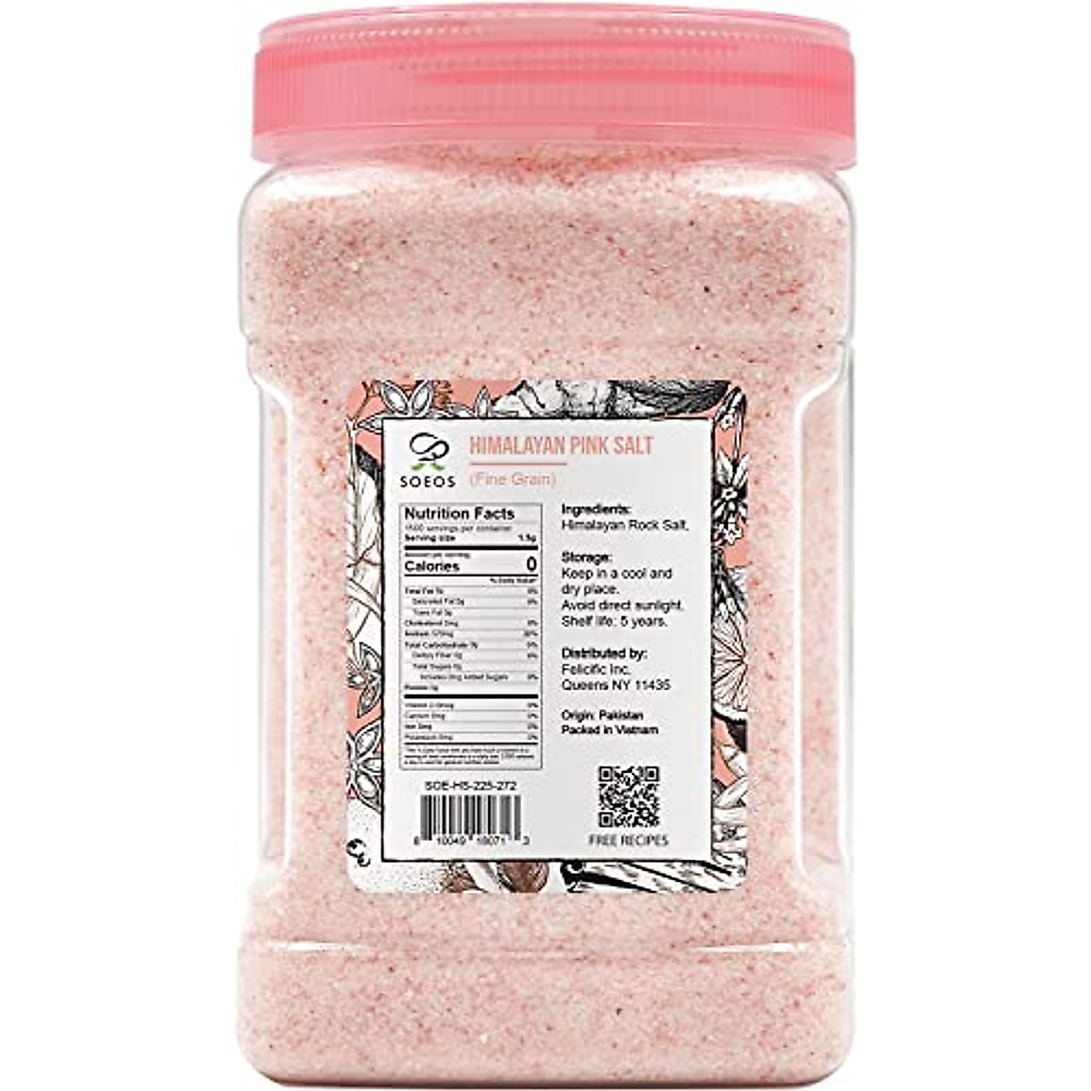 Soeos Himalayan Salt Fine Grain, 80oz (2.25kg), Non-GMO Himalayan Salt, Natural Pink Salt, Kosher Pink Sea Salt, Nutrient and Mineral Dense for Health, 5 Pound (Pack of 1)