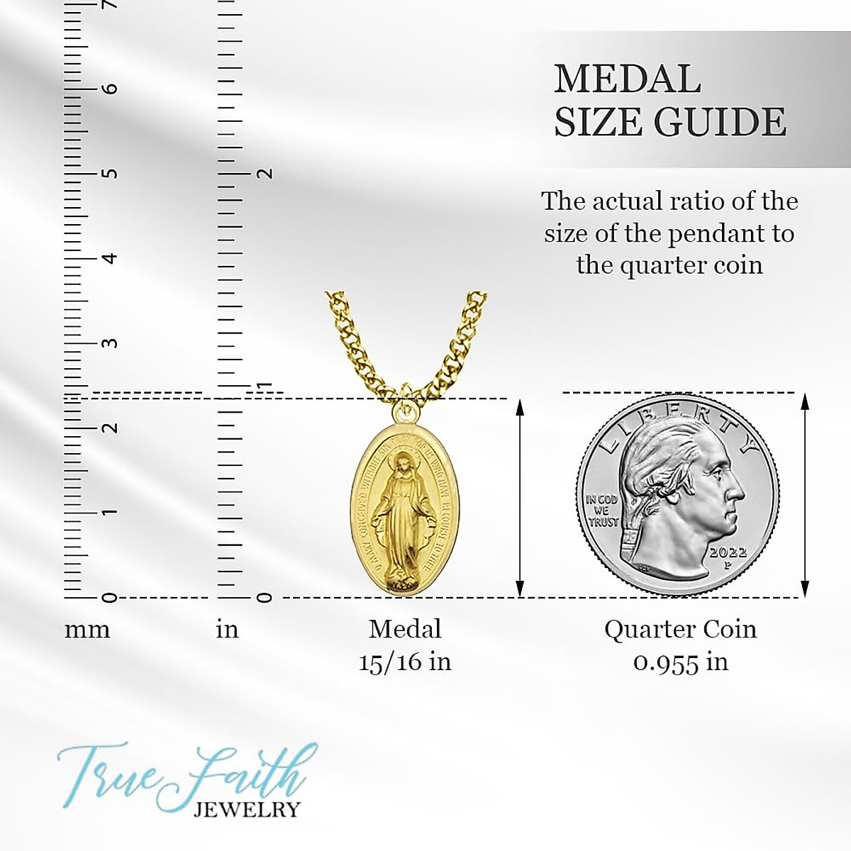TrueFaithJewelry 12KT Gold-Filled Our Lady Of Grace Miraculous Medal Necklace Pendant Religious Jewelry, 7/8 Inch