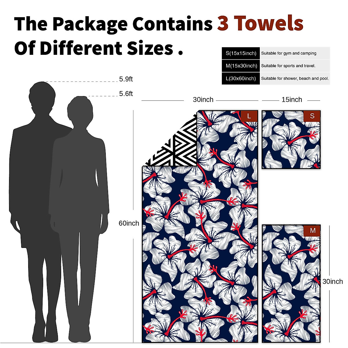 4Monster Camping Towels 3 Size at 1 Pack,Quick Dry Microfiber Towel,Beach Travel Towel Ultra Compact,Soft Gym Towel for Hiking Yoga Travel Sports Backpacking Trip and Pool