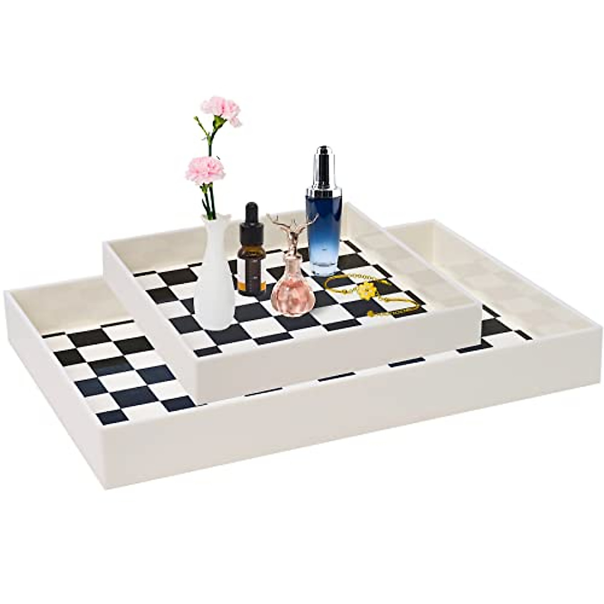 Benziert Set of 2 Acrylic Trays White Jewelry Trays Perfume Trays for Dresser Tray Black Bathroom Tray Vanity Tray for Bathroom countertop Makeup Tray Perfume Organizer Tray Checkered Decorative Tray