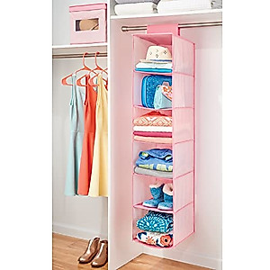 mDesign Fabric Hanging Organizer - Over Closet Rod Storage with 6 Shelves for Baby Nursery Bedroom Organization - Hold Clothes, Linens, Toys, Accessories - Pink Herringbone